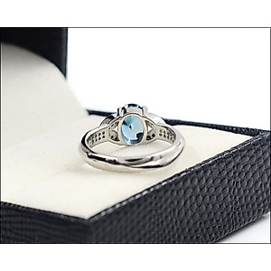 925 Solid Silver Natural London Blue Topaz 8X6 MM Oval Cut December Birthstone Statement Unisex Proposal Ring For Love and Friendship Gift (Rhodium Plated Silver, 6)
