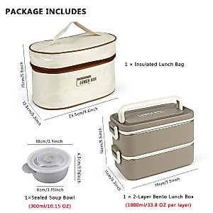 Bento Box Adult Lunch Box, Keweis Portable Insulated Lunch Containers Set for Adults Teens Kids, 2-Tier Stackable Stainless Steel Bento Boxes with Thermal Lunch Bag Soup Bowl, Leakproof Food Container
