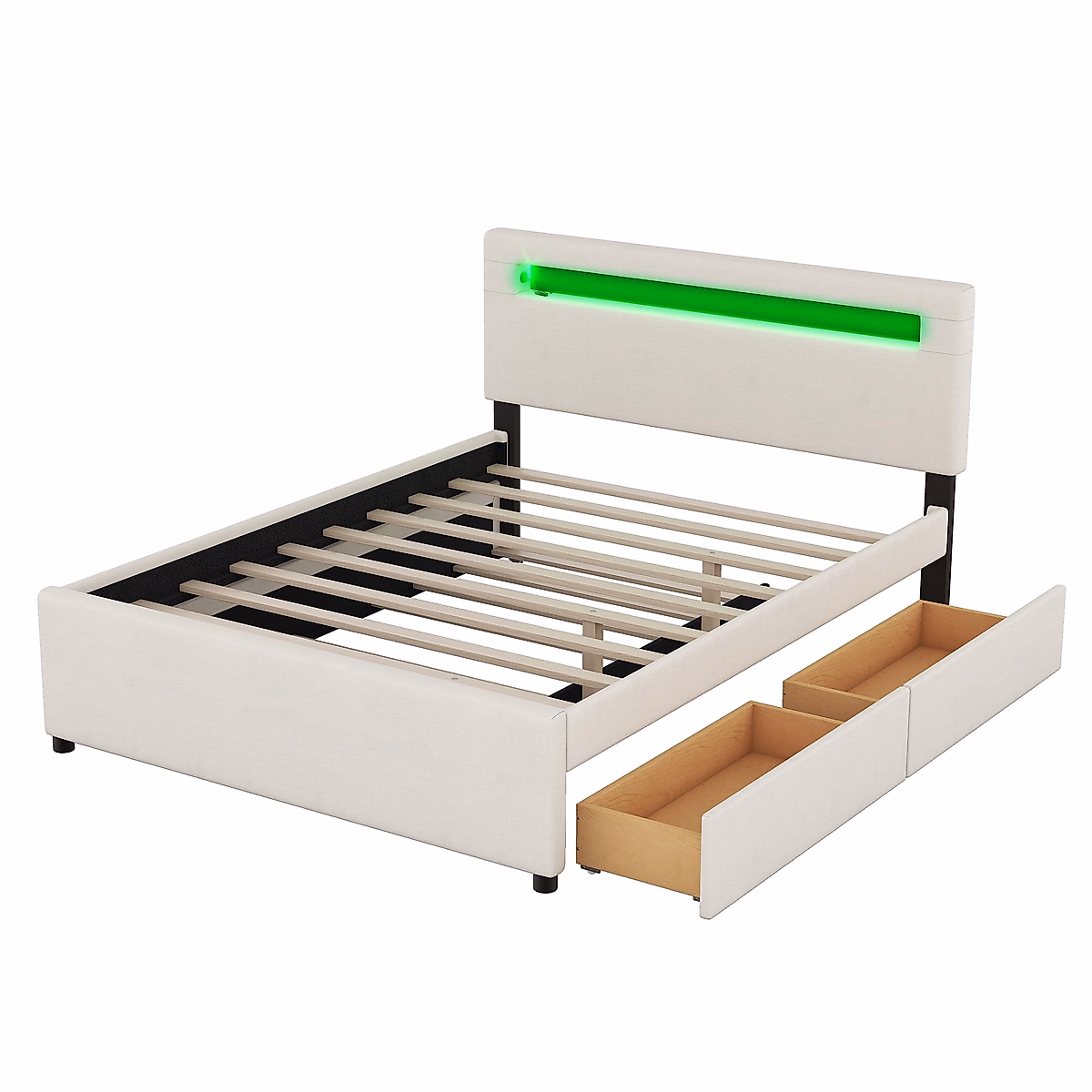 LAVHOME Queen Size Upholstered Platform Bed with 2 Storage Drawers and Twin Trundle, LED Lights and USB Charging, Linen Queen Bed Frame with Headboard and Wood Slat Support,Beige