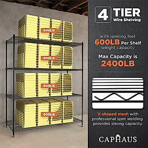 CAPHAUS 4-Tier Commercial Grade Heavy Duty Adjustable Height Wire Shelving w/Wheels & Leveling Feet, Storage Metal Steel Shelf, Garage Shelving Storage, Utility Wire Rack Storage Shelving Unit, 60”W