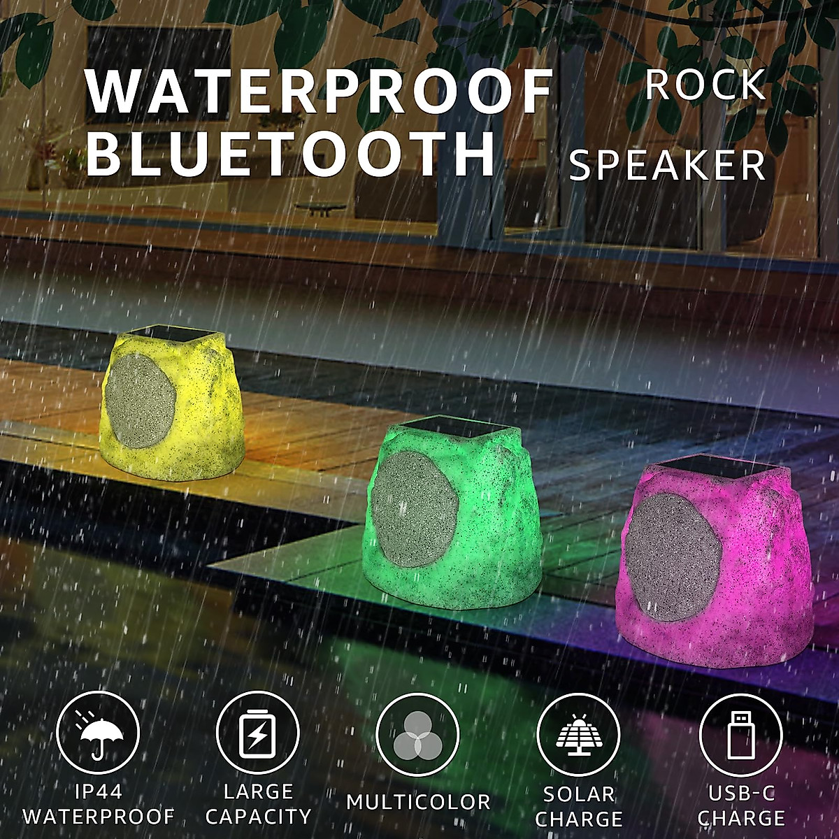 GGNOO Outdoor Speakers Bluetooth Waterproof IP44, Rock Speakers Solar Power and USB Rechargeable Outdoor Bluetooth,Twins Paring System,7 Colour Light Changeable Set for Deck Pool Yard Garden (2 Pack)