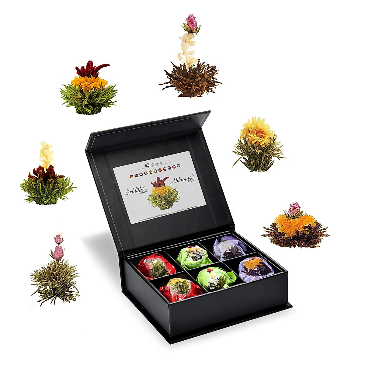 Creano Tea Flowers Mix 6pcs Set Blooming Tea, Green Tea, White Tea & Black Tea in Elegant Magnetic Box with Silver Embossing
