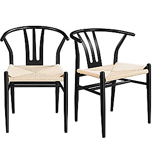Yaheetech 2PCS Weave Chair Mid-Century Modern Dining Chair Rattan Chair Wishbone Dining Chair Armchairs Black Dining Chair Accent Chair for Kitchen, Dining, Living Room Side Chairs Hemp Seat, Black