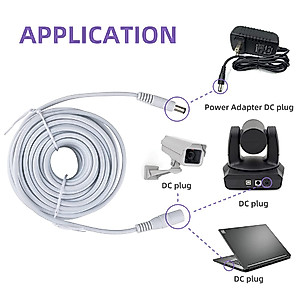 Power Extension 60ft Cable5.5mm x 2.1mm 12 Volt Male to Female Plug Cord for CCTV IP Security Cameras DVRs and More Devices White