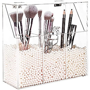 YestBuy Acrylic Makeup Brush Holder, Clear Makeup Brush Organizer For Vanity, Cosmetic Brush Storage Box with Pink Pearls, For Bathroom, Bedroom, Vanity Countertop