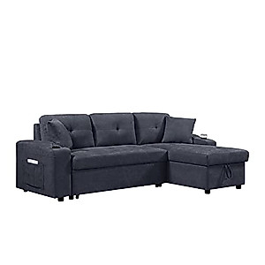 OPTOUGH Gray Sleeper Sectional Storage Chaise and Side Pocket, 2 Cupholders, L-Shape Couch with Pull-Out Sofa Bed for Home Living Room Apartment, Dark Grey