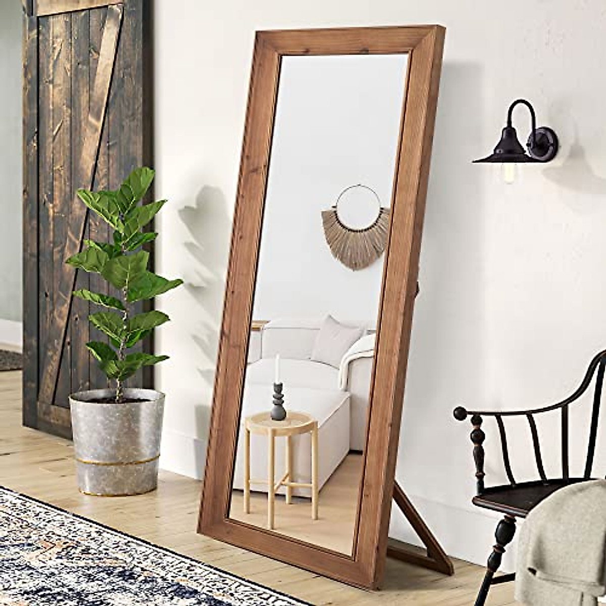 Trvone Full Length Mirror Solid Wood Frame Mirror Floor Mirror with Standing Holder Vertical and Horizontal Hanging Wall Mirror Dressing Mirror for Bedroom Living Room(65"x22", Tawny Brown)