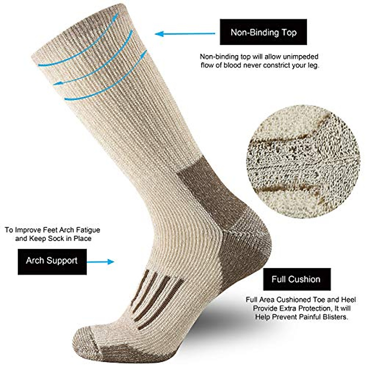 ONKE Merino Wool Cushion Crew Socks for Men Outdoor Hiking All Seasons Work Boot Heavy Thick Thermal Moisture Wicking Control(Brown L)