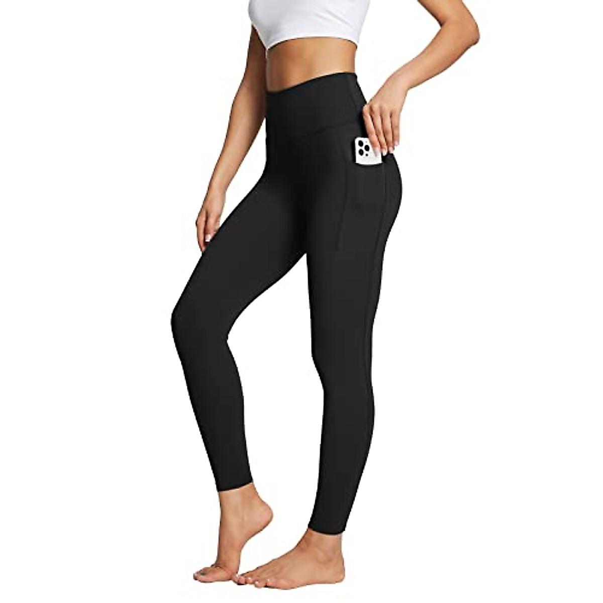 BALEAF 7/8 Workout Athletic Leggings for Women High Waist Soft Yoga Running Petite Ankle Pants with Deep Pockets Black M