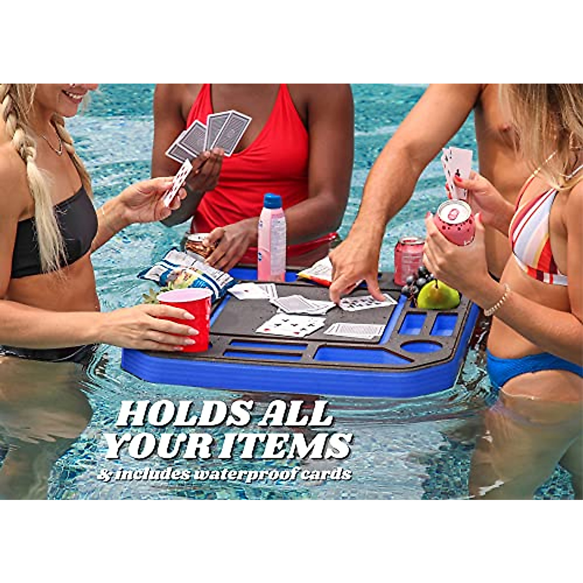 Polar Whale Floating Poker Table Blue and Black Game Tray for Pool Beach Party Float Lounge Durable Foam 23 Inch Chip Slots Drink Holders with Waterproof Playing Cards Deck UV Resistant