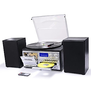 Gartopvoiz Bluetooth Vinyl Record Player, 3 Speeds All in 1 LP Turntable with External Stereo Speakers, CD Player Cassette AM/FM Radio USB/SD Encoding & Playing Phonograph