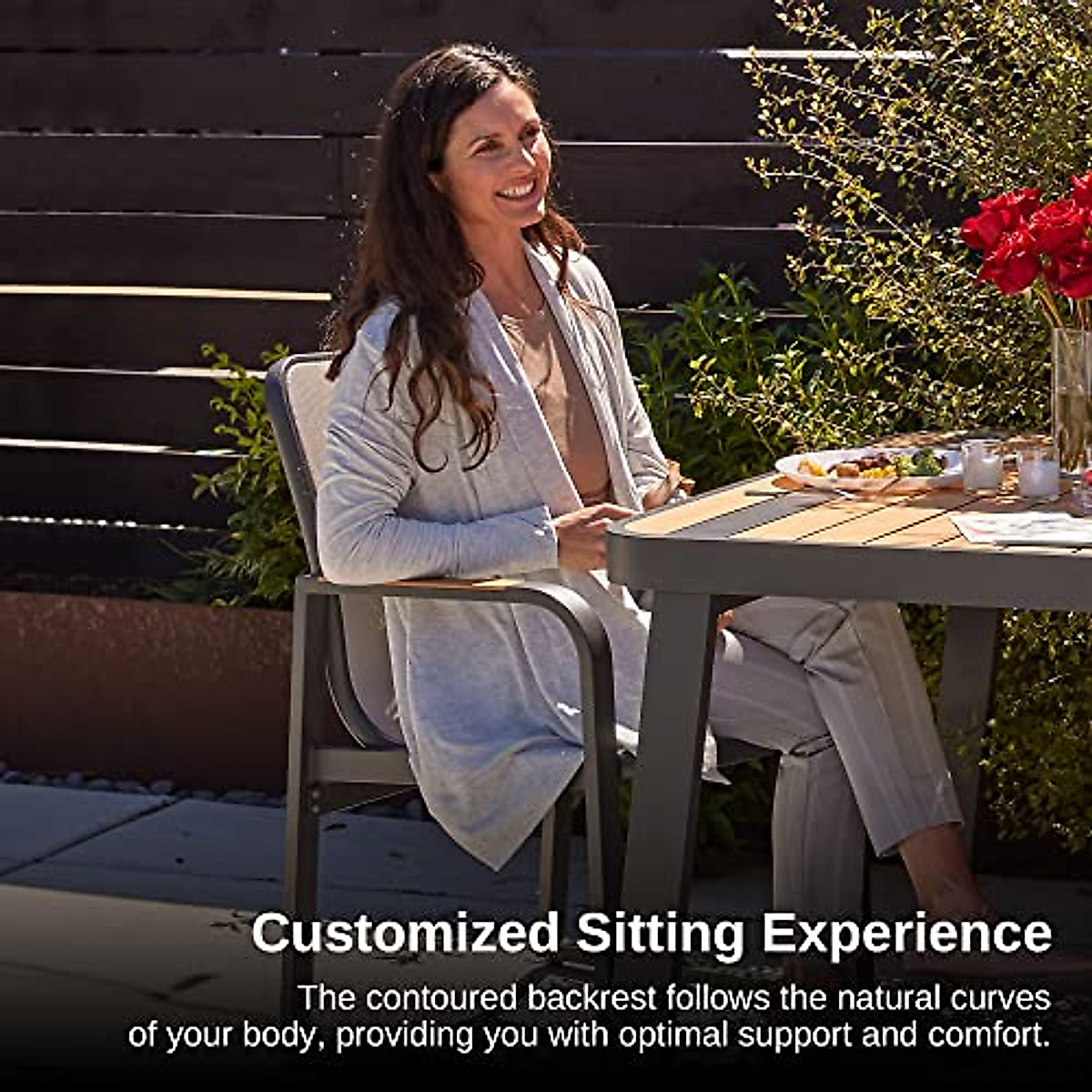 EAST OAK Signature 5 Pieces Outdoor Dining Set, Patio Furniture Set with Finest Teak Wood, Powder-Coated Aluminum Frame Table and Teslin Fabric Chairs, Patio Dining Set for Garden and Yard, Dark Grey