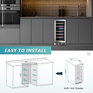 EUHOMY 15 Inch Wine Fridge, Dual Zone Wine Chiller with Digital Temperature Control, Wine Cooler Upgraded Compressor Fits Low Noise, Wine Storage with Double-Layer Glass Door, 33 Bottles.