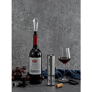 FOHERE Electric Wine Opener, Automatic Electric Wine Bottle Corkscrew Opener with Foil Cutter, Wine Aerator Pourer, Vacuum Stopper, and Charging Base, Rechargeable (Stainless Steel)