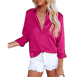 OMSJ Women's Button Down Shirts Satin V Neck Long Sleeve Casual Work Blouse Tops with Pocket (1173L, Rose Red)