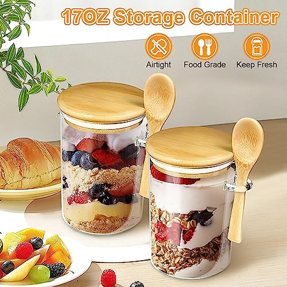 Yomarket 4 Pack Airtight Glass Jars with Bamboo Lid and Spoons 17 Oz Food Storage Container with Labels, Overnight Oats Containers with Lids for Flour, Sugar, Tea, Cookies, Candy, Cereal, Coffee