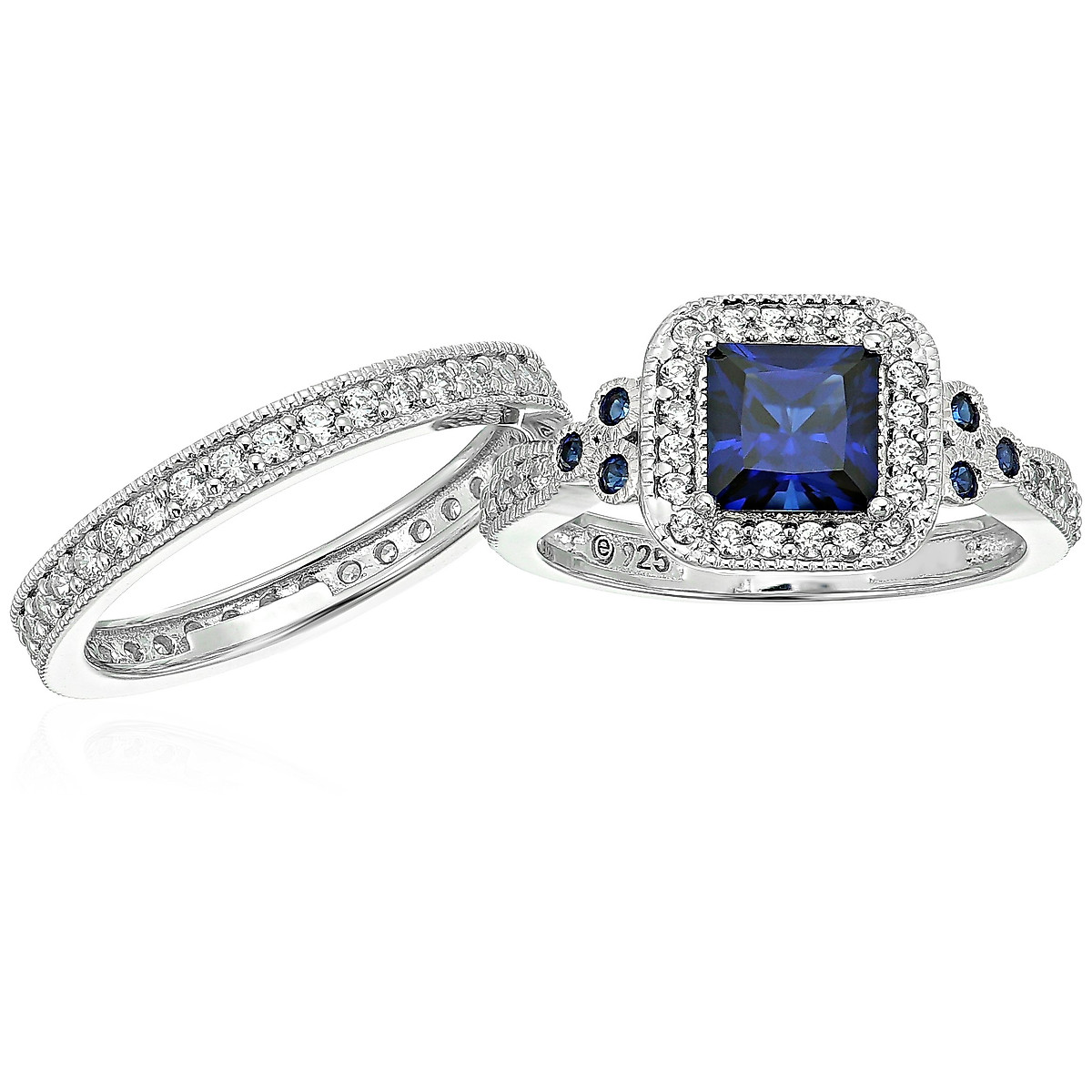 Amazon Collection Platinum-Plated Sterling Silver Princess-Cut Created Sapphire Vintage Ring Set made with Infinite Elements Cubic Zirconia, Size 8