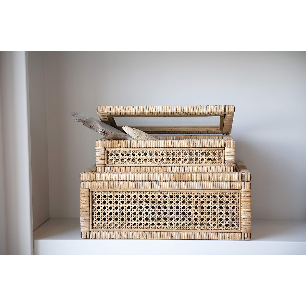 Creative Co-Op Rattan Display Boxes with Glass Top (Set of 2 Sizes) and Mango Wood Footed Bowl