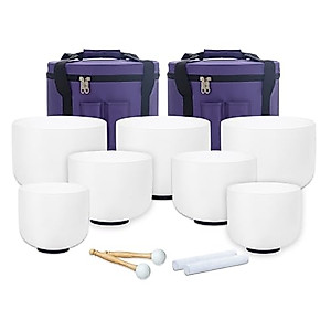 KVKA 7-12 inch Crystal Singing Bowls Set of 7 pcs Quartz Frosted Singing Bowls For Sound Healing with 2 PCS Travel Carry Case Bag (7-12inch, Random frequency)
