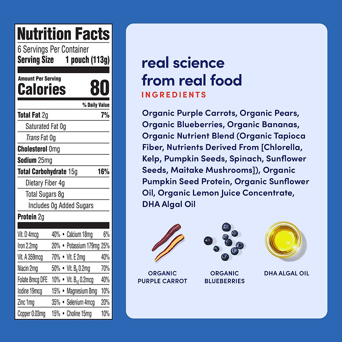 Cerebelly Baby Food Pouches Stage 1 – Purple Carrot Blueberry Smoothie (Pack of 6), Organic Fruit & Veggie Purees, Great Toddler Snacks, 16 Brain-supporting Nutrients from Superfoods, No Added Sugar