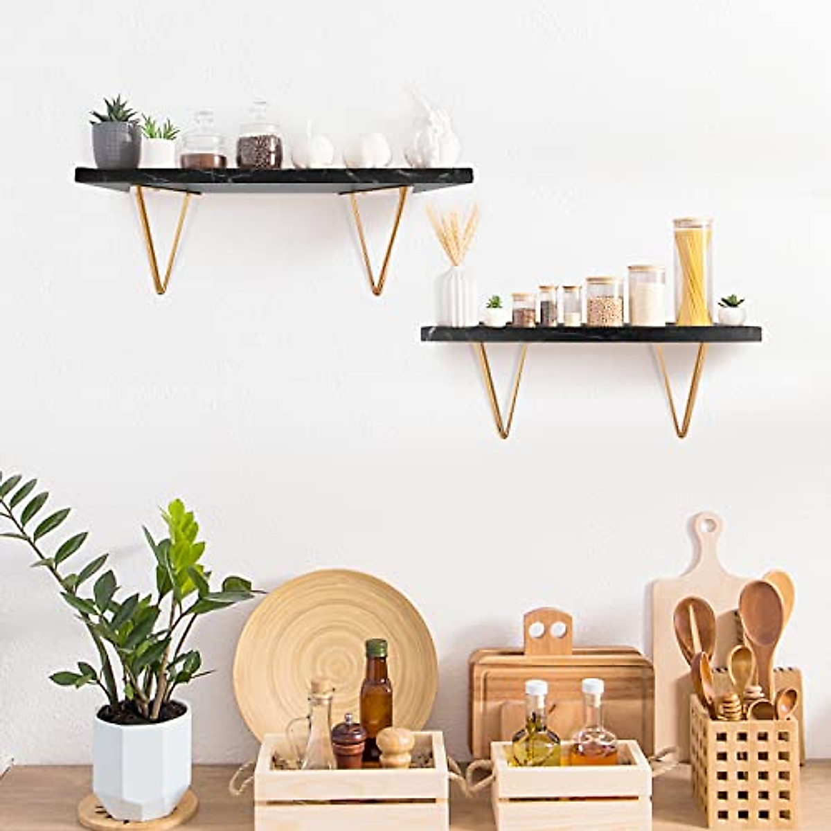 Black Floating Shelves, Wood Wall Mounted Floating Boards, Marbling Wall Shelves with Metal Brackets for Bedroom, Bathroom, Living Room, Kitchen, Laundry Room, Floating Shelves for Wall Decor Set of 2