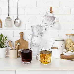 Noamus 6 Pack Premium Glass Coffee Mugs with Handle, 12 Oz Classic Vertical Stripes Glass Tea Cups, Transparent Ribbed Beverage Mugs, Clear Vintage Glassware Set for Hot Cold Americano, Cappuccino