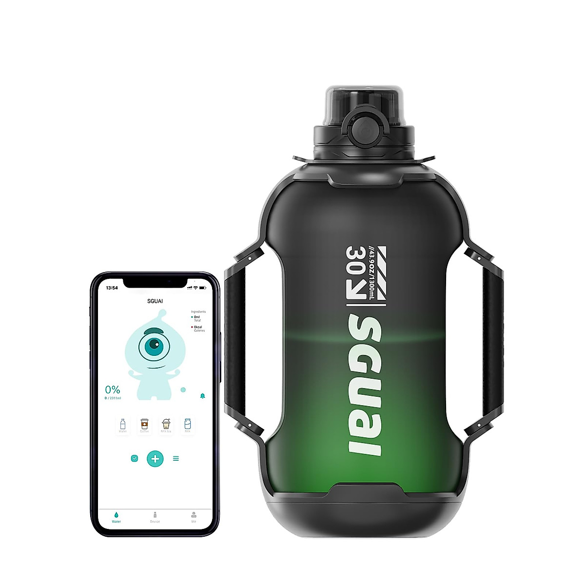 SGUAI Smart Water Bottle, 44oz Smart Sports Gallon Water Bottle, Tracks Water Intake with Bluetooth, LED Glow Reminder, BPA Free Tritan Bottle for Fitness Gym Outdoor, Straw Lid, 1.3L