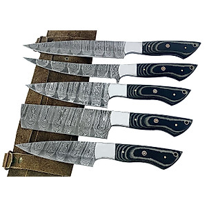 Professional Kitchen Knives Custom Made Damascus Steel 5 pcs of Professional Utility Chef Kitchen Knife Set with Chopper / Cleaver with Pocket Case Chef Knife Roll Bag - BW-4160