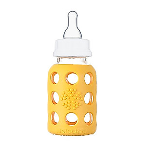 Lifefactory 4-Ounce BPA-Free Glass Baby Bottle with Protective Silicone Sleeve and Stage 1 Nipple, Yellow