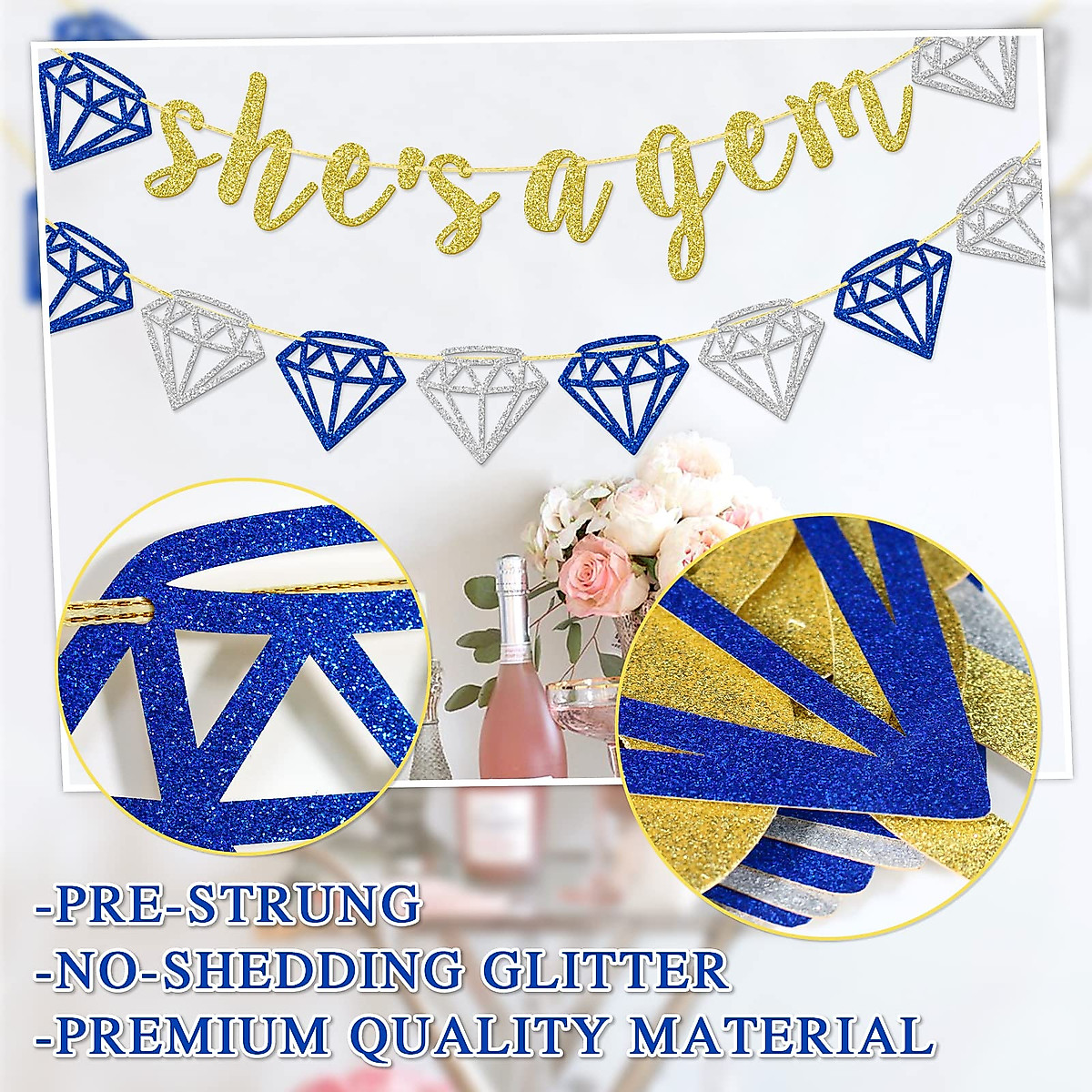 She's a Gem Banner - Diamond Themed Bridal Shower, Bachelorette Party Decorations, 4.3ft Wide, Handmade, Pre-Strung - Gemstone Party Decor in Gold, Silver, and Blue