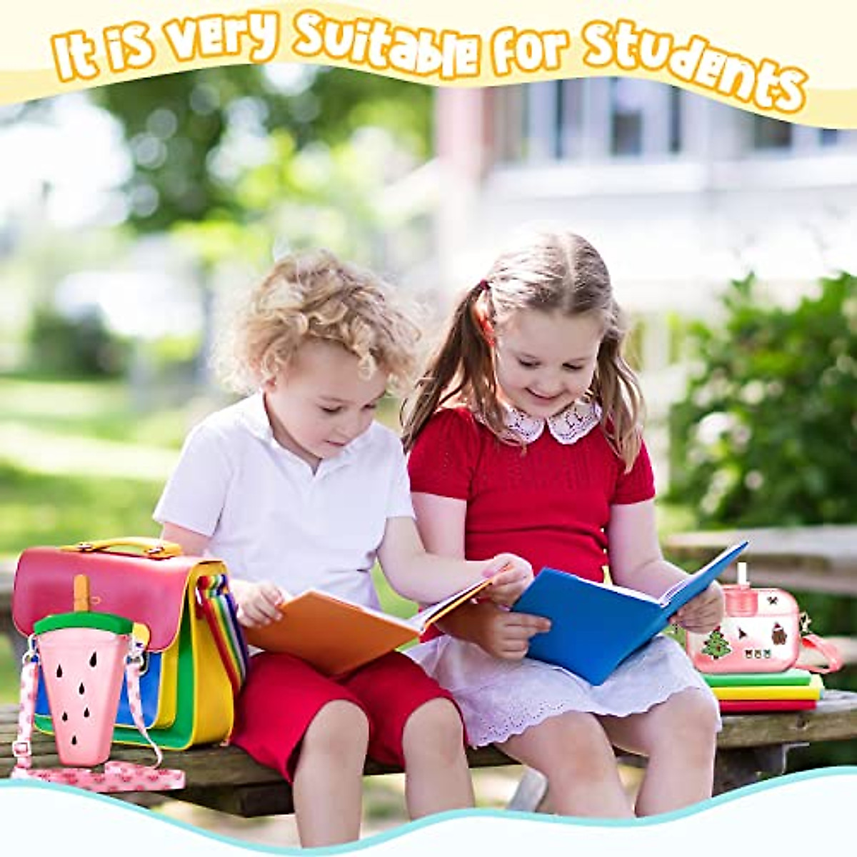 Queekay 6 Pcs Water Bottles with Straws for Kids Watermelon Water Bottle Adjustable Strap Leakproof Plastic Watermelon Ice Cream Camera Bread Biscuits Shaped Water Bottle for School Travel