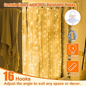 SINAMER White Curtain Light for Bedroom, 300 LED 9.8ft x 9.8ft Curtain String Light with 16 Hooks, 8 Models Remote Control, Window Fairy Light with USB for Wedding Party Home Garden Indoor Decorations