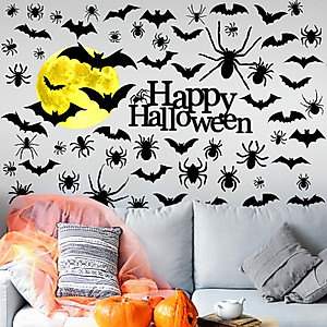 Qeeenar 76 Pcs Halloween Moon Wall Decal Halloween Bat Wall Stickers Vinyl Bat Wall Decals Halloween Removable Halloween Spiders Wall Sticker Halloween Bats Wall Decals Party Decorations, 6 Sheets