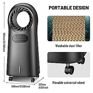 Evaporative Air Cooler, 3-IN-1 Portable Air Conditioner for Room Personal Bladeless Fan/AC Cooling & Humidification, 3 Wind Speeds, 3 Modes, 360° Oscillation, 1-8H Timer, Color night light,Tower Fan For Home Office (Black)
