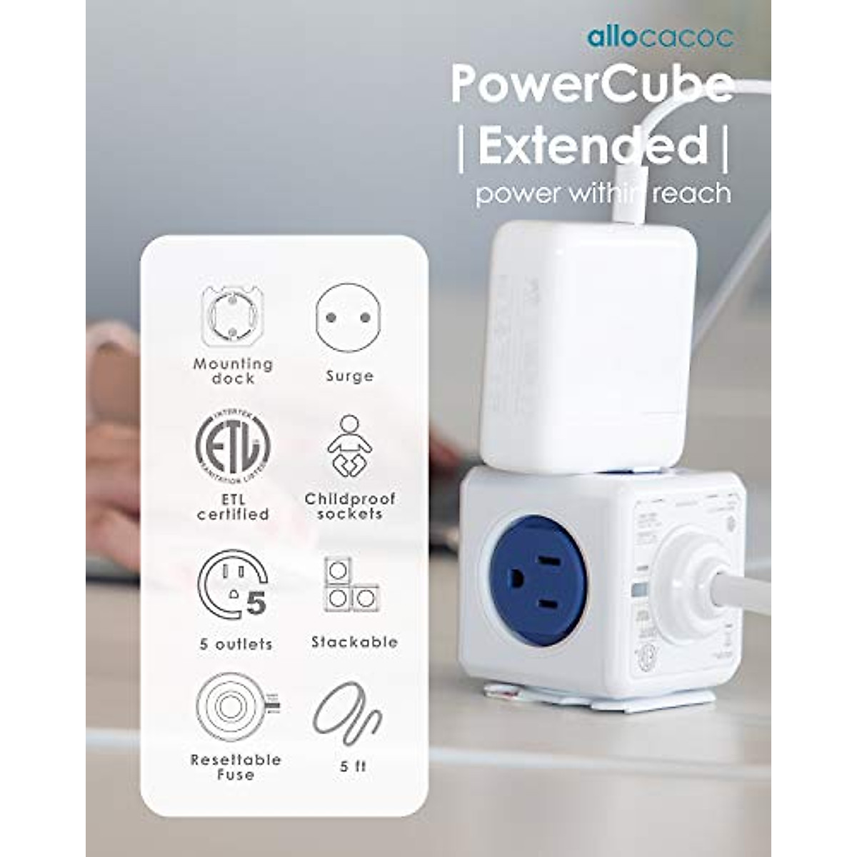 Allocacoc, PowerCube |Extended|, 5 outlets, 5 feet cable, Mounting dock, Surge Protection, Childproof Sockets, ETL Certified (Blue)