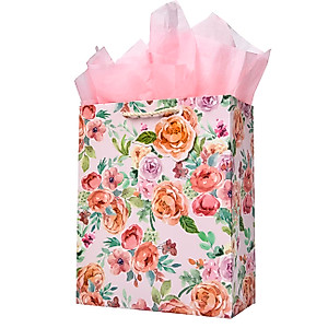 Elephant-package 12.6" Large Flower Gift Bag with Tissue Paper and greeting card, for Girls Women Birthday Gift Packing, Mothers Day, Valentine's Day, Bridal Shower, (Pink Rose)