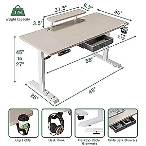 BUNOEM Height Adjustable Electric Standing Desk with One Drawer, Table with Storage Shelf, Sit & Stand Home Office Desk with Storage Space (Oak, 55x30)