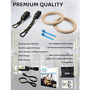 GHB Gymnastic Rings Wooden Gym Rings 1.25" Olympic Rings Adjustable Numbered Straps Pull Up Rings Sets for Workout Bodyweight Fitness Training