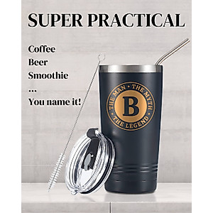 the Man the Myth the Legend Mug with Initials, Monogrammed Stainless Steel Travel Tumbler for Men, Funny Personalized Coffee Cup, Custom Beer Glass, Unique Birthday Christmas Gifts for Him, 20 oz, J