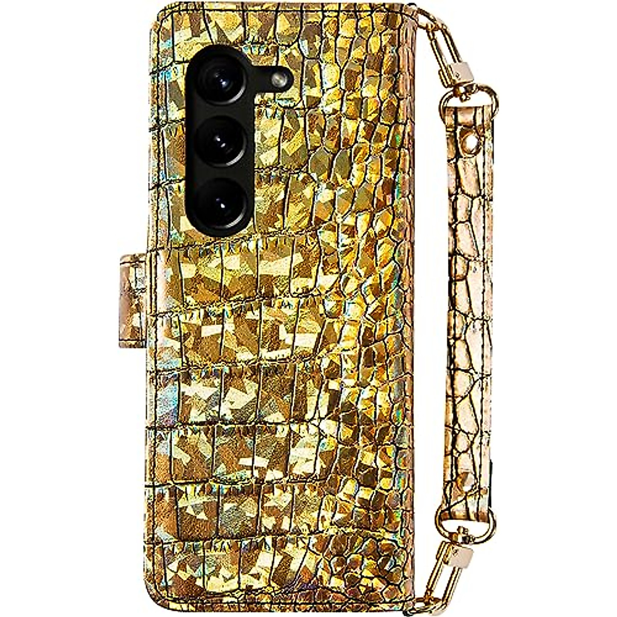 Qoosan Genuine Leather for Galaxy Z Fold 5 Case with Strap Card Holder Hinge Protection Wallet Case, Gold