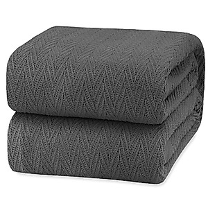 White Classic Queen Size Blanket for Bed, 100% Cotton Blankets Soft and Breathable, 410Gsm Waffle Lightweight Summer Blanket 90x90 Inches Dark Grey