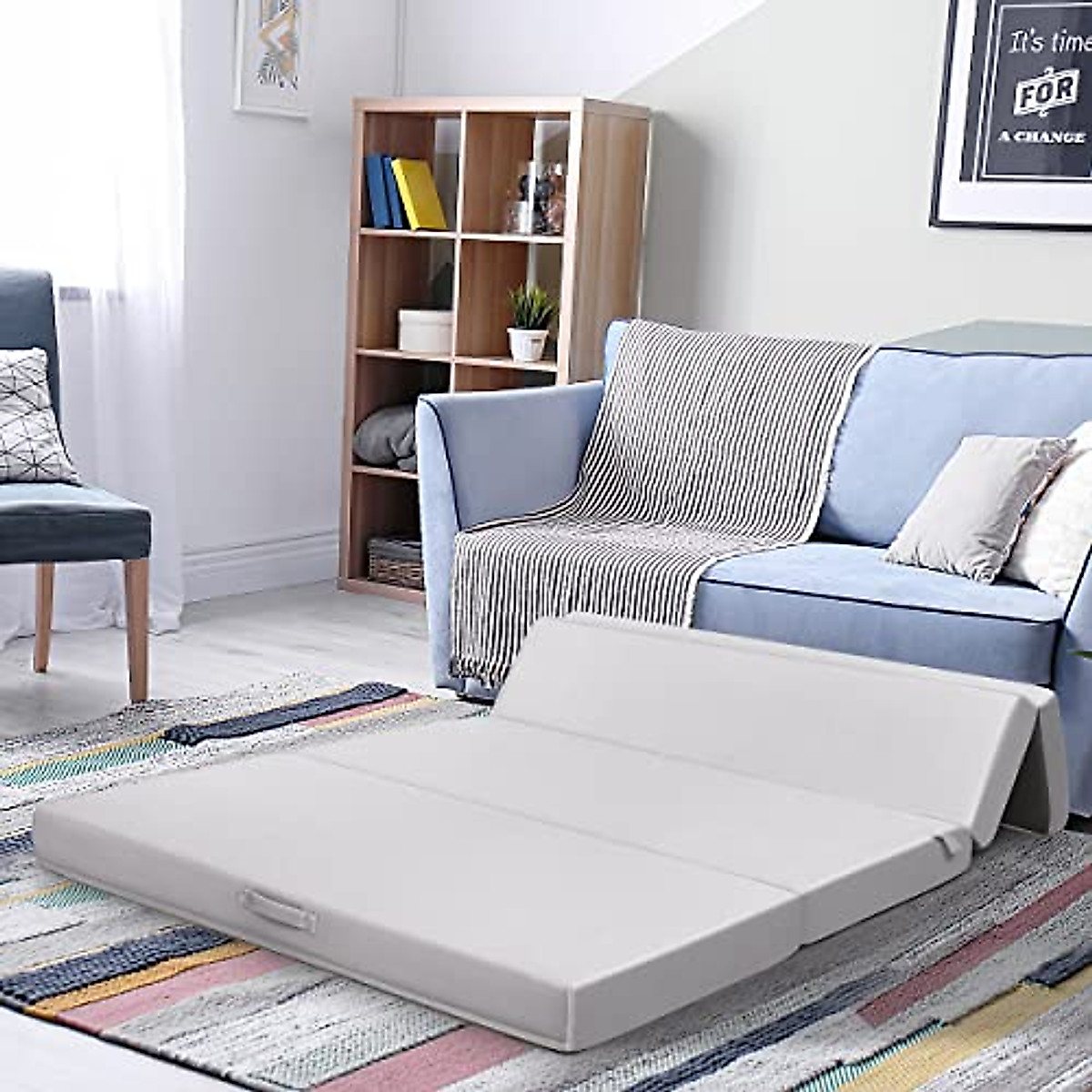 KOMFOTT 4- Inch Tri Folding Mattress Full XL Size, Foam Mattress with Removable & Washable Cover, Foldable Guest Sofa Bed Sleeper, Gray