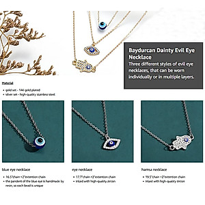 Baydurcan Gold Dainty Evil Eye Necklace and Hamsa Necklace Turkish Blue Eye Hand Pendant Necklace 3pcs Lucky Protection Jewelry Gift for Women Teenagers