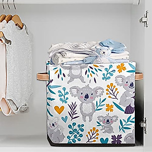 Cute Koala Cube Storage Bins 13 x 13 x 13 inch, Bears Floral Fabric Organizer Bins Basket Boxes with PU Leather Handles Foldable Storage Cube for Clothes Bedroom Closet Shelves