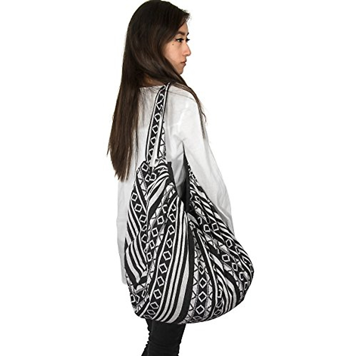 Tribe Azure Jacquard Cotton Shoulder Banana Style Fashion Travel Canvas Tote Bag Hobo Style Casual Market Purse Handbag (Black White)