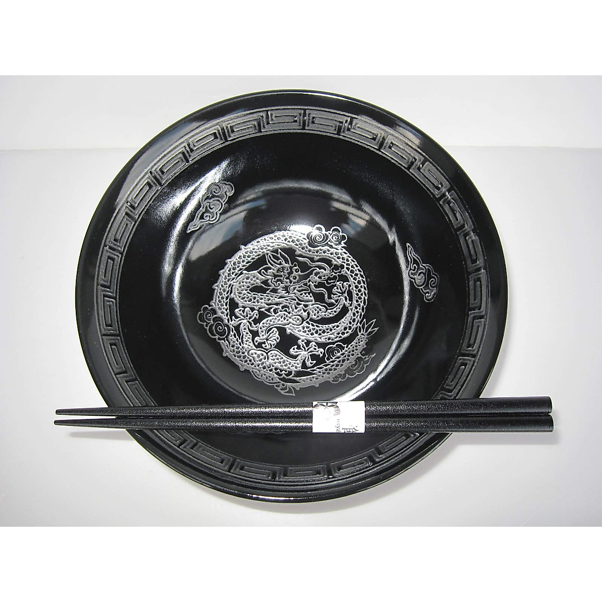 Japanese Black Glaze Silver Dragon 8.35 Inches Diameter Ramen Soup Ramen Noodle or Serving Bowl with Chopsticks