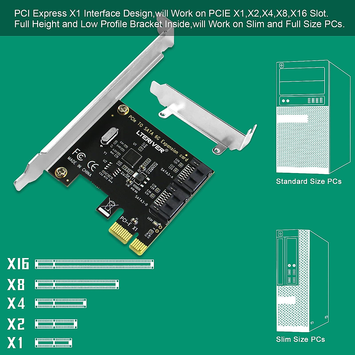 LTERIVER PCIE to 2-Ports Serial ATA/SATA 3.0 Host Controller Card, Plug and Play on Windows OS, MAC OS and Linux Kernel PCs, 2X 6Gbps Max SATA 3.0 None Raid Ports-Support AHCI Boot Up (PCE-G2S2)