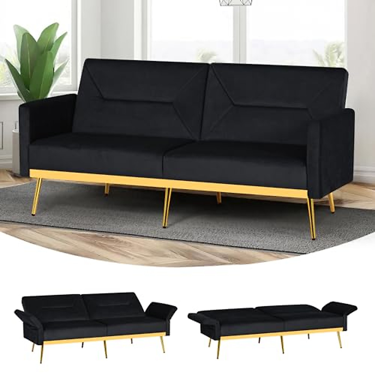 Lesofair Velvet Sofa Bed with Adjustable Backrest, Tufted Futon with Adjustable Armrests, Convertible Sleeper Couch w/Golden Legs for Living Room, Bedroom, Waiting Room, Black