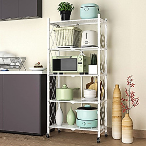 Muichi Folding Shelf 4-Tier, Foldable Shelves with Wheels, Heavy Duty Shelving Unit, Sturdy Metal Shelf Storage Organizer Rack for Kitchen, Garage, Home, Office, Garden (White)