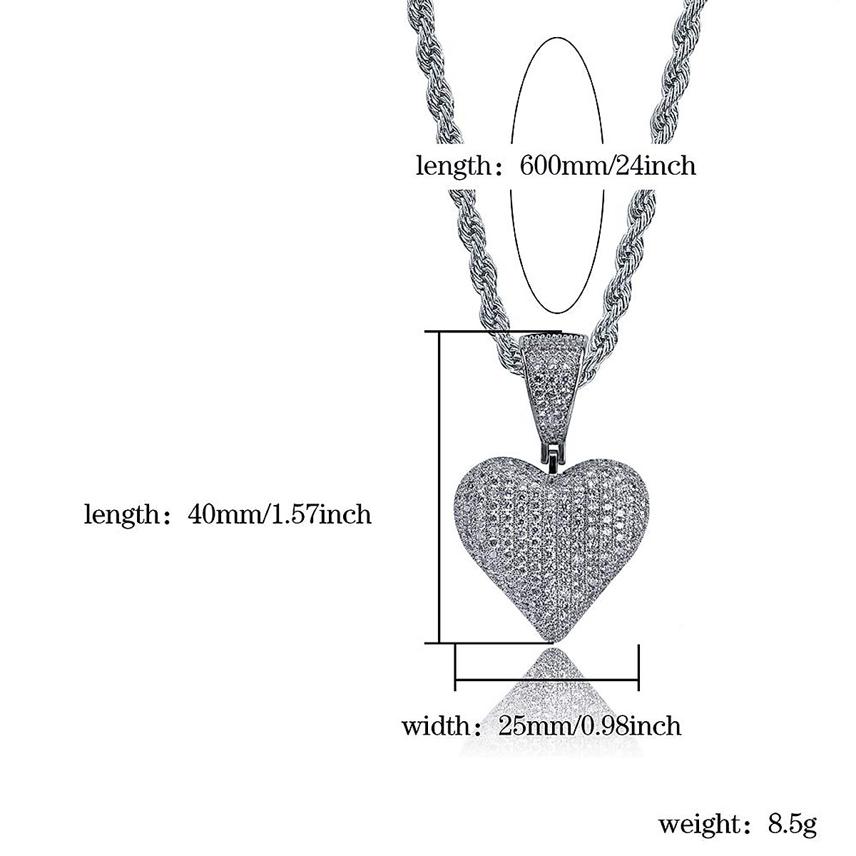 JINAO Iced Out Club Diamond Heart Spade Playing Cards Simulated Lab diamonds Pendant Necklace (Heart-Silver)